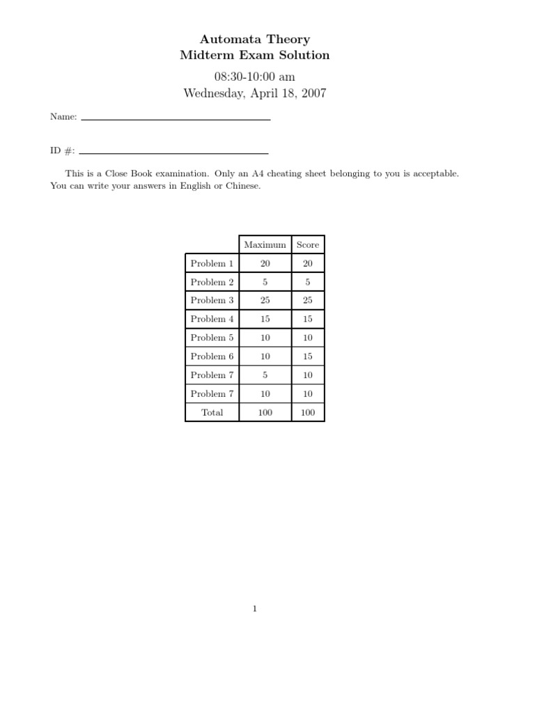 Automata Theory Midterm Exam Solution | PDF | Formal Methods | Applied Mathematics