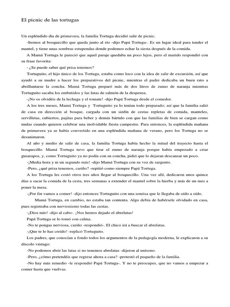 El Picnic de Las Tortugas Resumen | PDF | Cocina, comidas y vino | Poesía