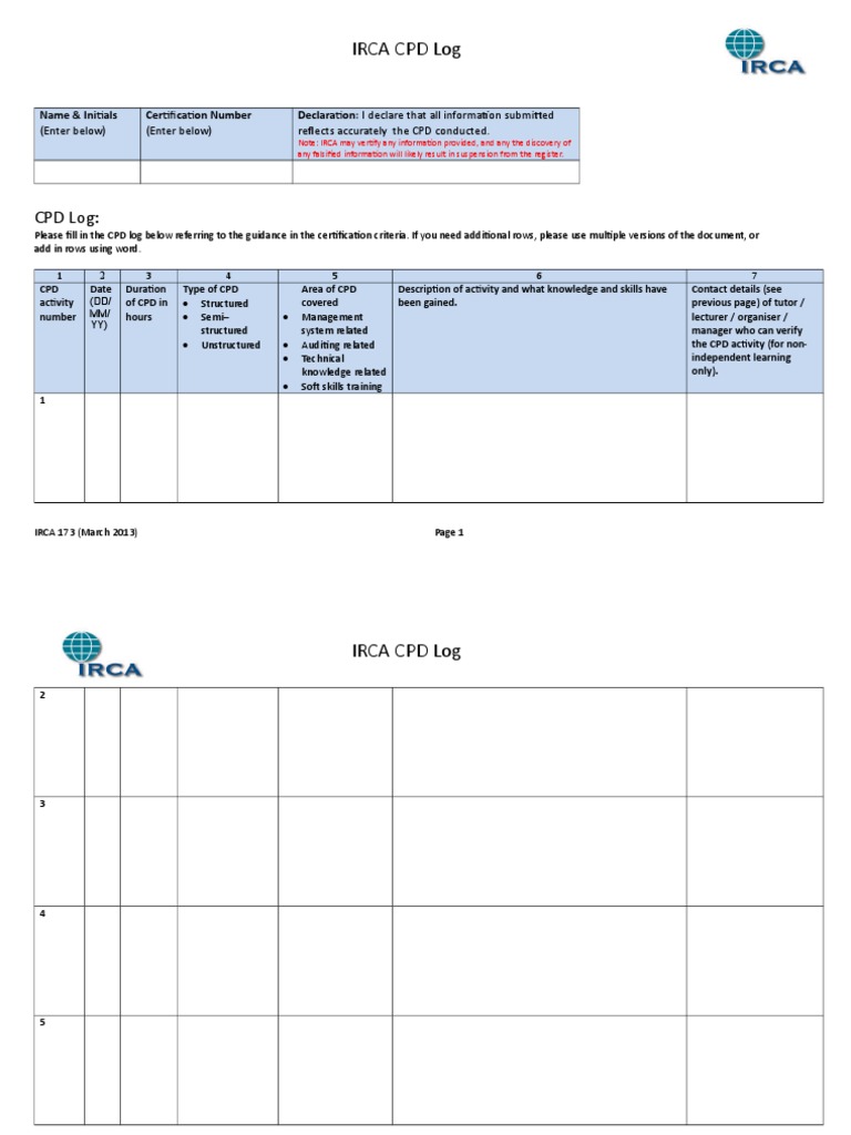 Irca CPD Log | Download Free PDF | Learning | Business