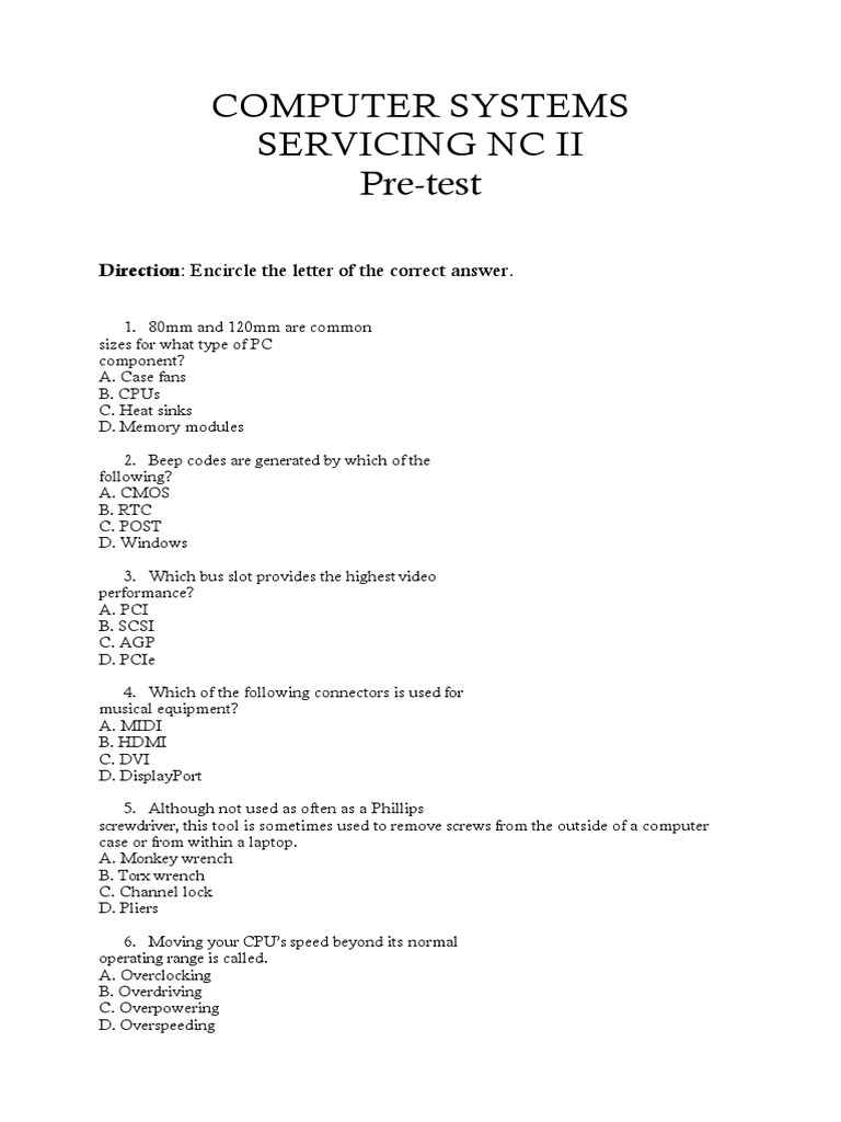 Computer Systems Servicing NC II Pre-test | PDF | Laptop | Multi Core ...