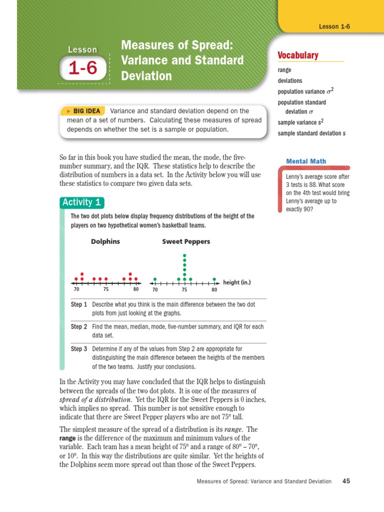 Measures of Spread Lesson | PDF | Standard Deviation | Variance