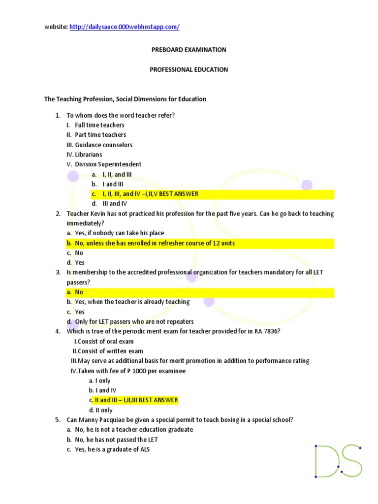 Preboard Answer Key ProfEd Sep2015 | PDF | Validity (Statistics) | Educational Assessment