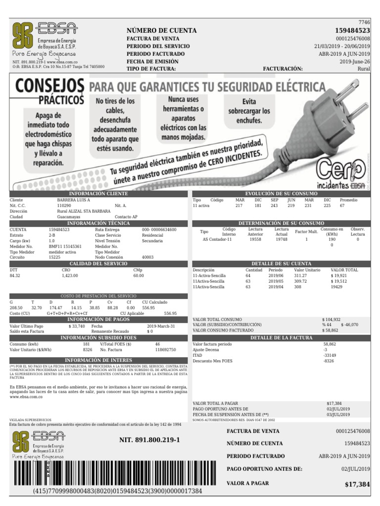 Recibo Ebsa | PDF | Energia electrica | Poder (Física)