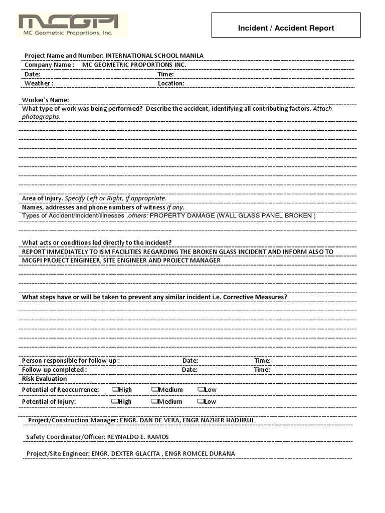 Accident Incident Report MCGPI Form No.5 | PDF | Science & Mathematics