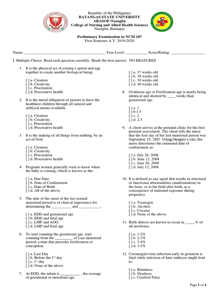 Prelims Exam - (NCM 107) | PDF | Pregnancy | Fetus
