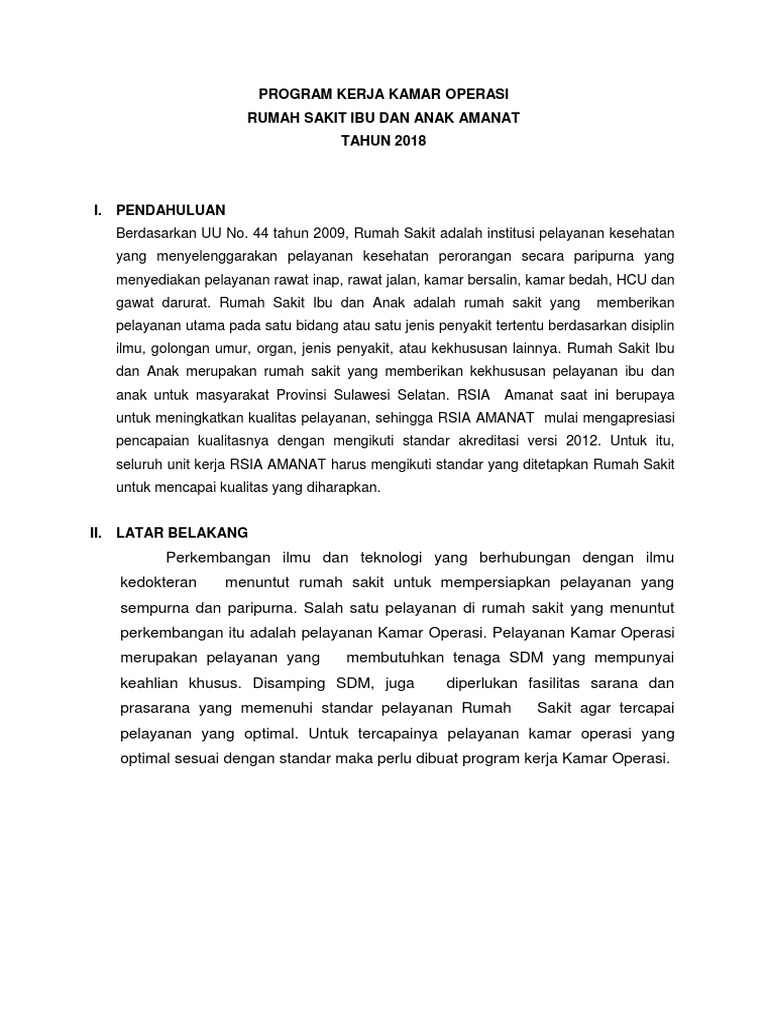 Program Kerja Kamar Operasi RSIA Amanat | PDF