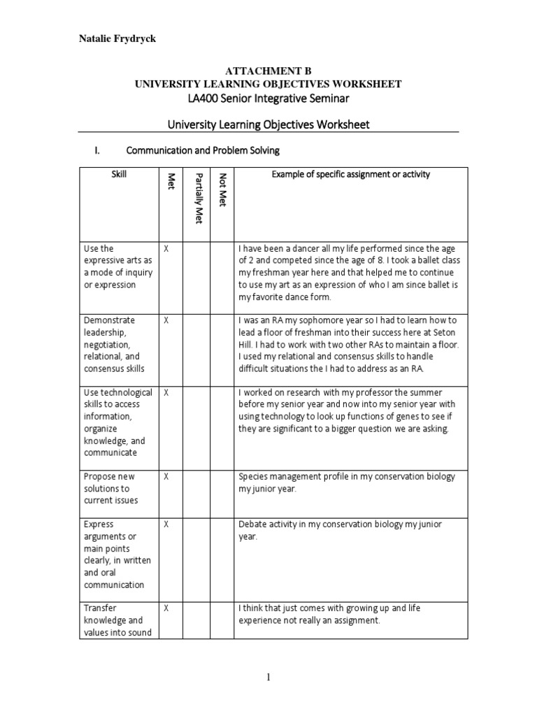LA400 Senior Integrative Seminar University Learning Objectives ...