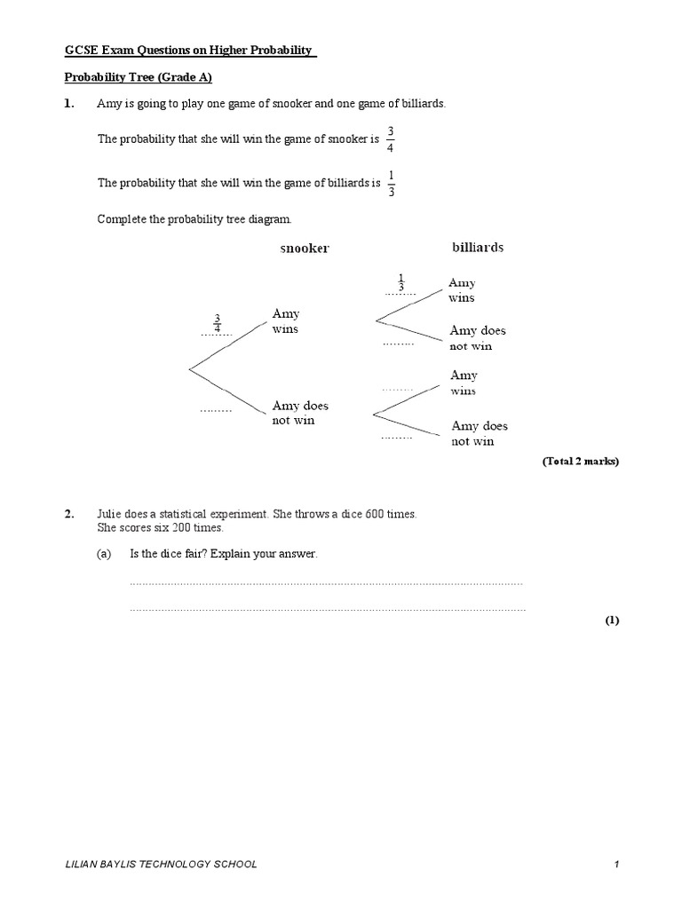 GCSE Higher Probability Exam Questions | PDF | Leisure | Teaching ...