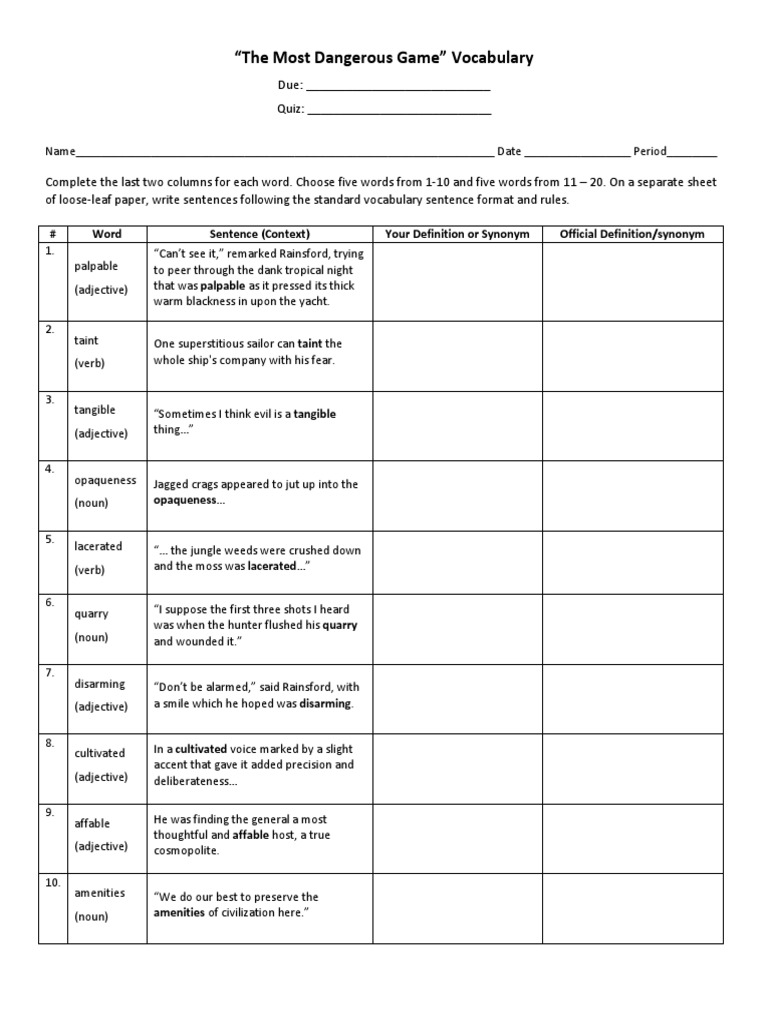 "The Most Dangerous Game" Vocabulary: # Word Sentence (Context) Your ...