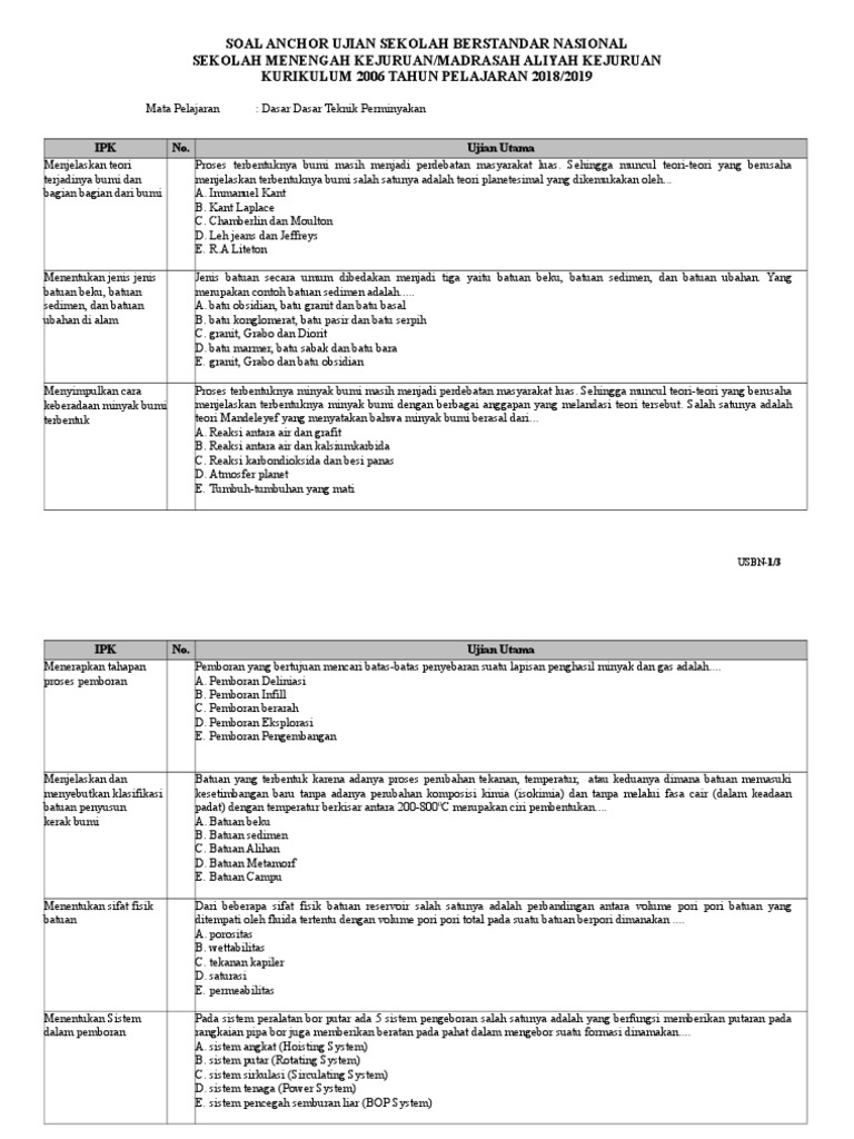 46-Soal Anchor USBN Dasar-Dasar Teknik Perminyakan-K06-10 Soal | PDF