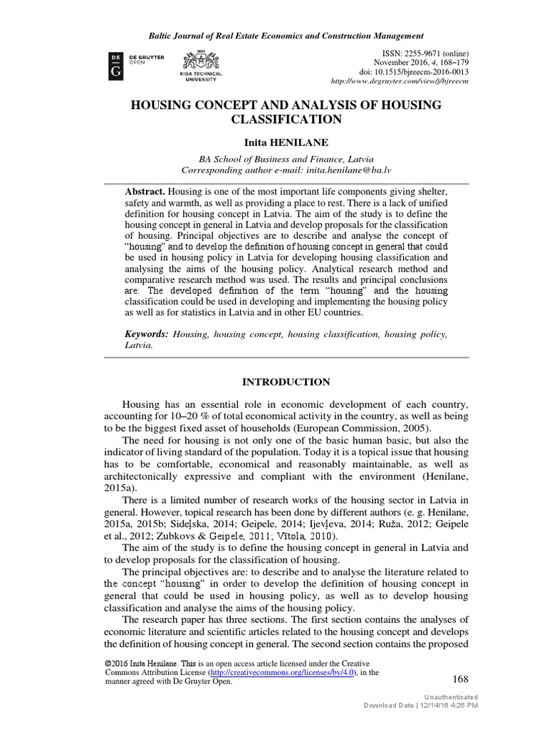 Housing Concept and Analysis of Housing Classification: Inita Henilane ...