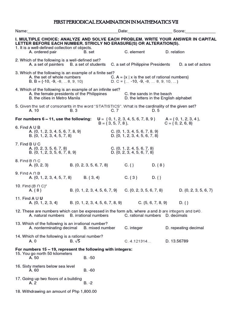 First Periodical Examination in Mathematics Vii | PDF | Rational Number ...