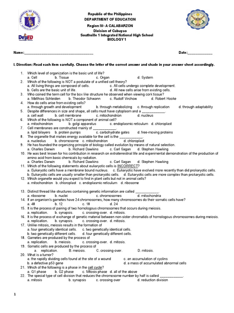 Biology 1 Examination | PDF | Cellular Respiration | Cell (Biology)