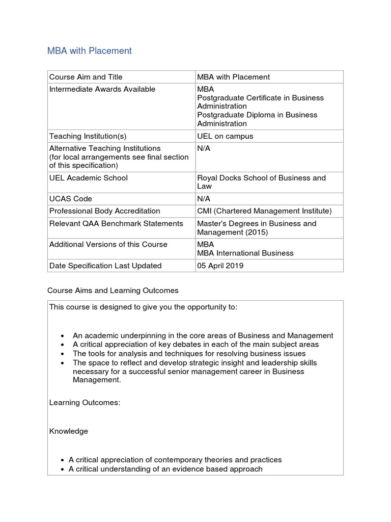 Course Specification Mba With Placement | PDF | Master Of Business Administration | Academic Degree