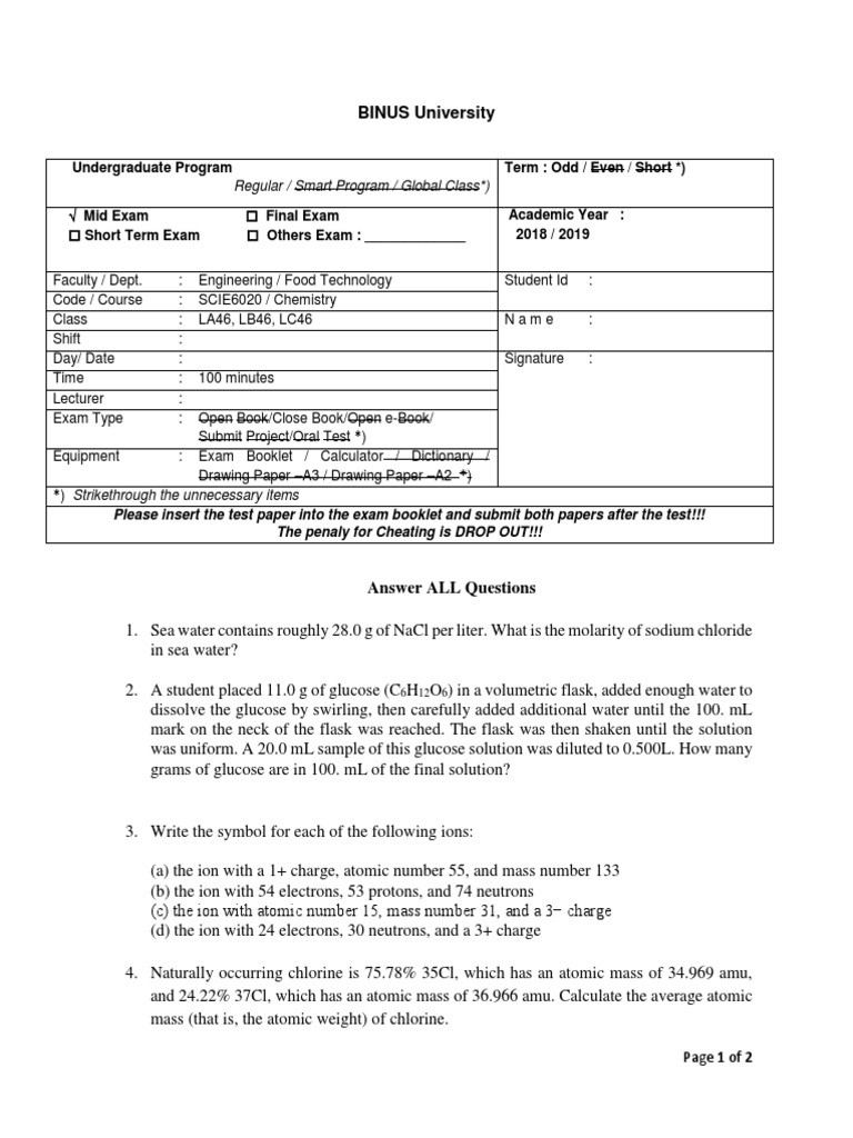 BINUS - Soal UTS Chemistry | PDF | Ion | Chlorine