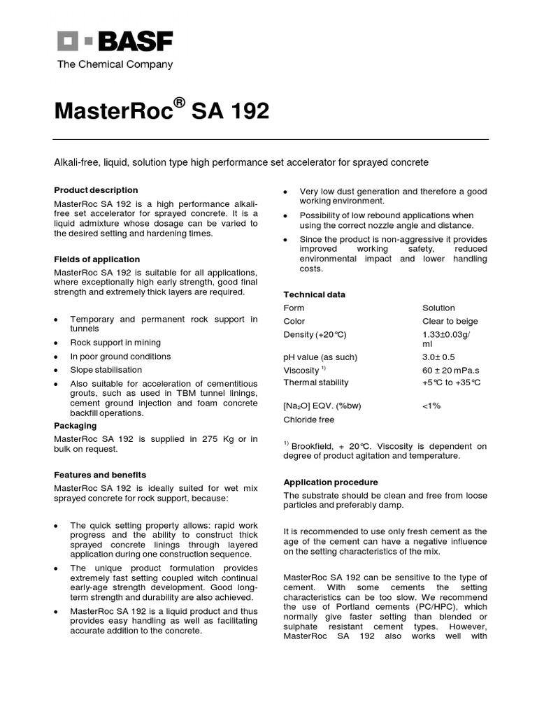 TDS MasterRoc SA 192 PDF | PDF | Concrete | Cement