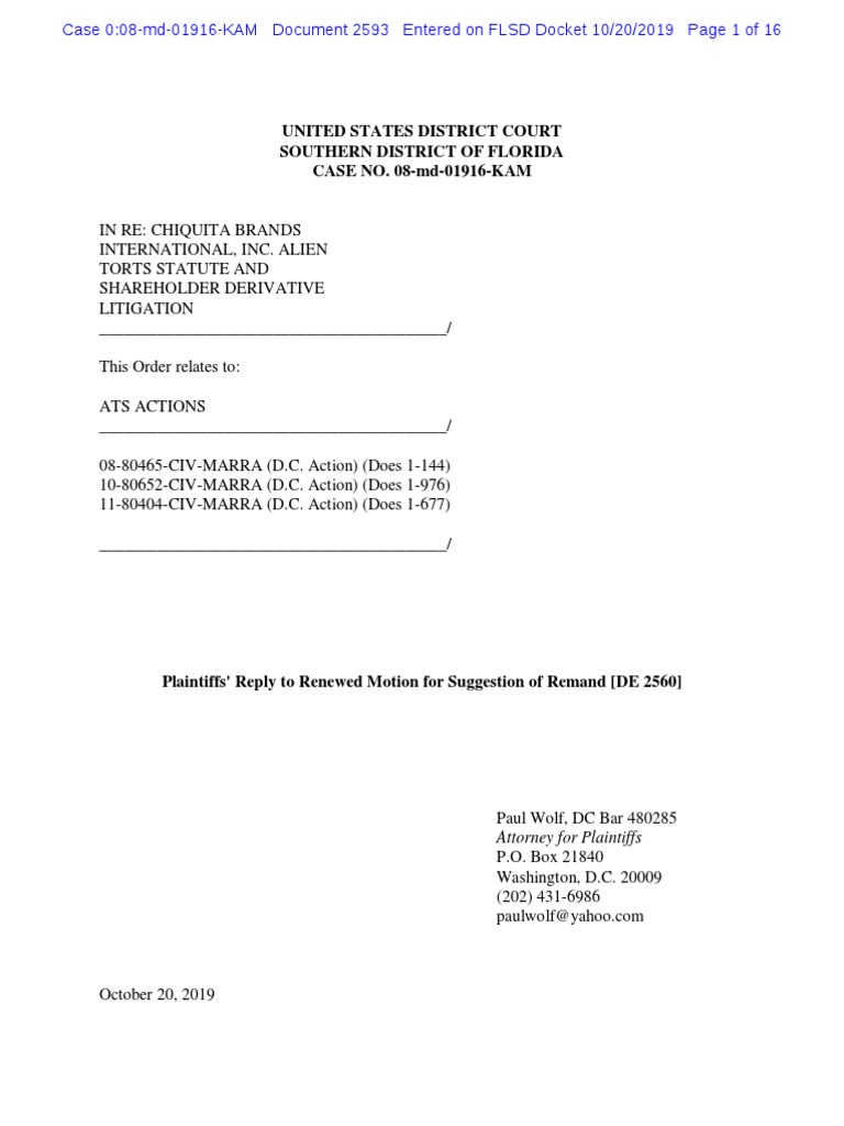 Chiquita Reply To Renewed Motion To Remand | Download Free PDF | Daubert Standard | Summary Judgment