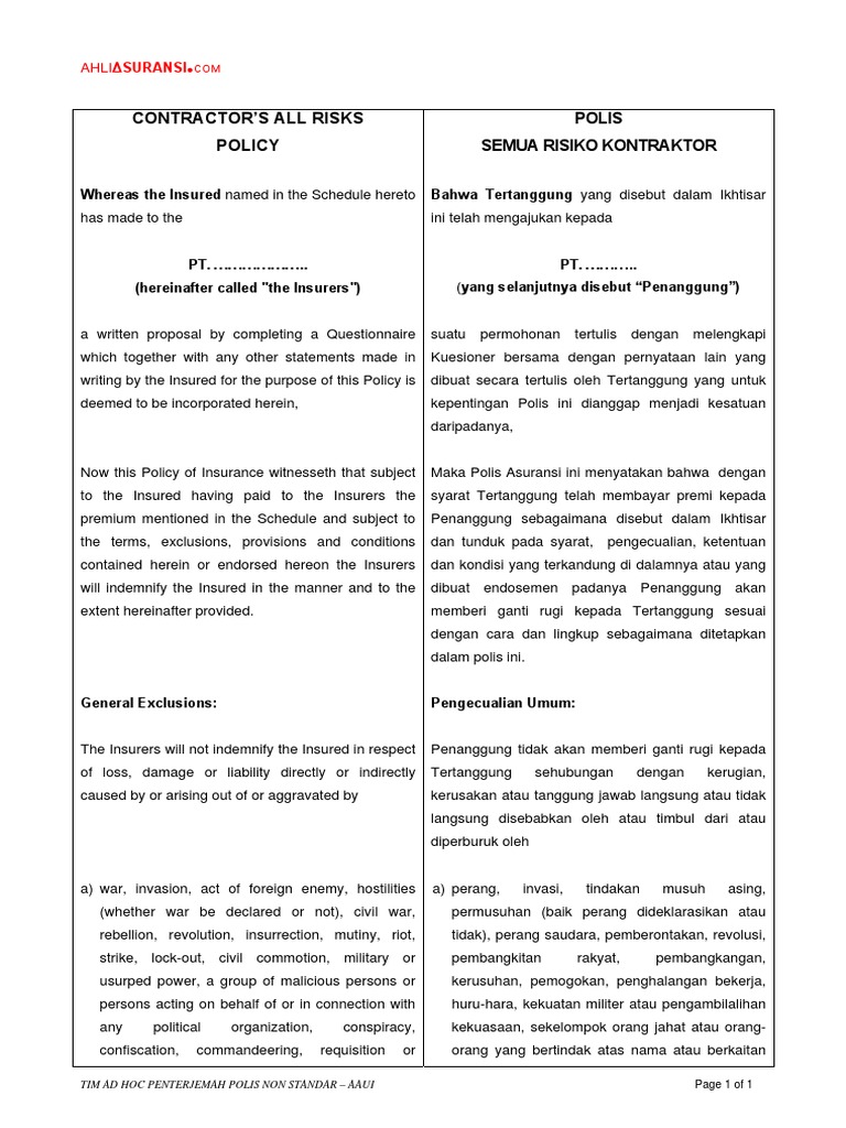 Contractors All Risks Munich Re Wordings PDF | PDF