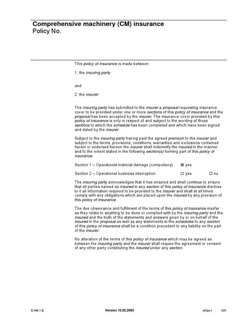 Policy No.: Comprehensive Machinery (CM) Insurance | PDF | Indemnity ...