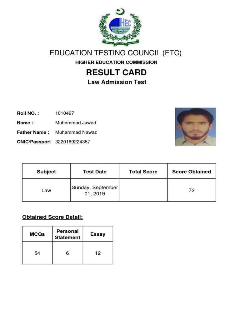 Result Card: Education Testing Council (Etc) | PDF