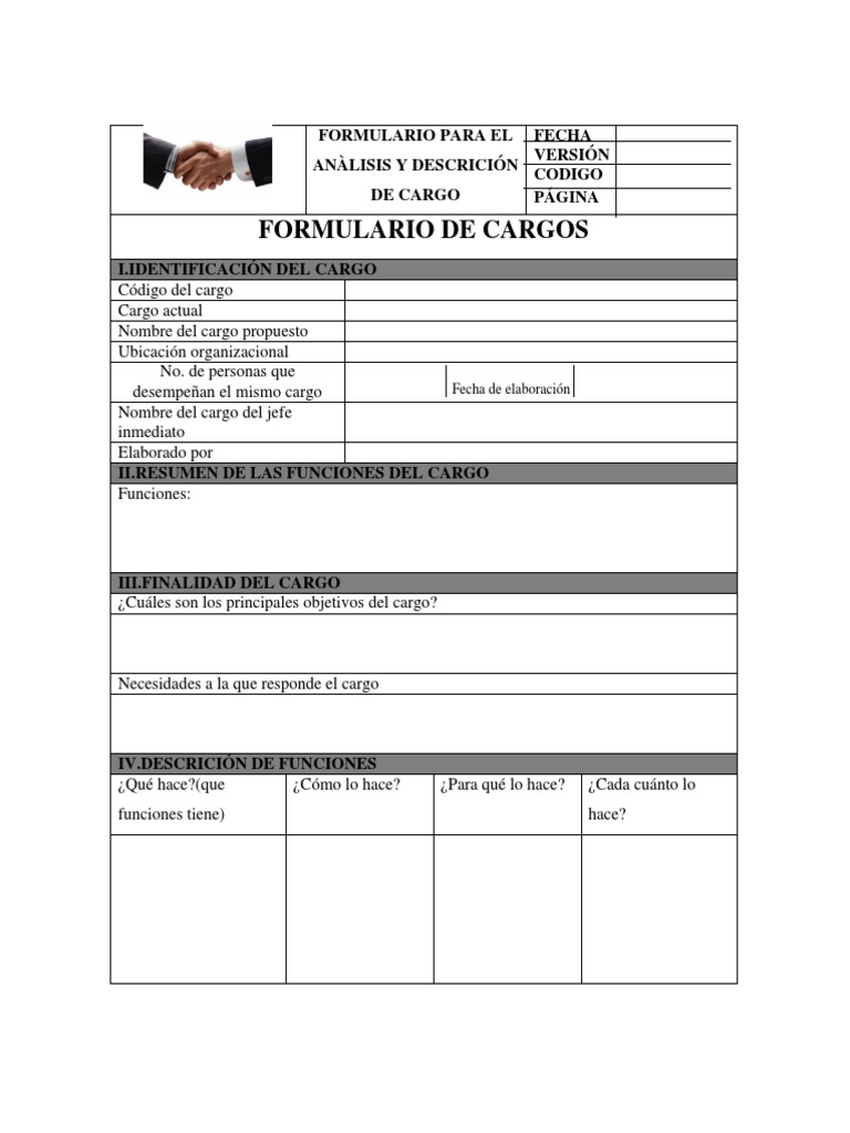 Formulario De Cargos: Formulario Para El Anàlisis Y Descrición De Cargo ...