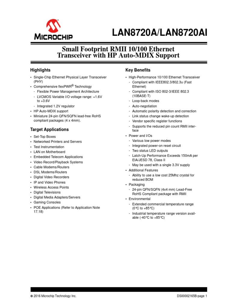 LAN8720A/LAN8720AI: Small Footprint RMII 10/100 Ethernet Transceiver ...