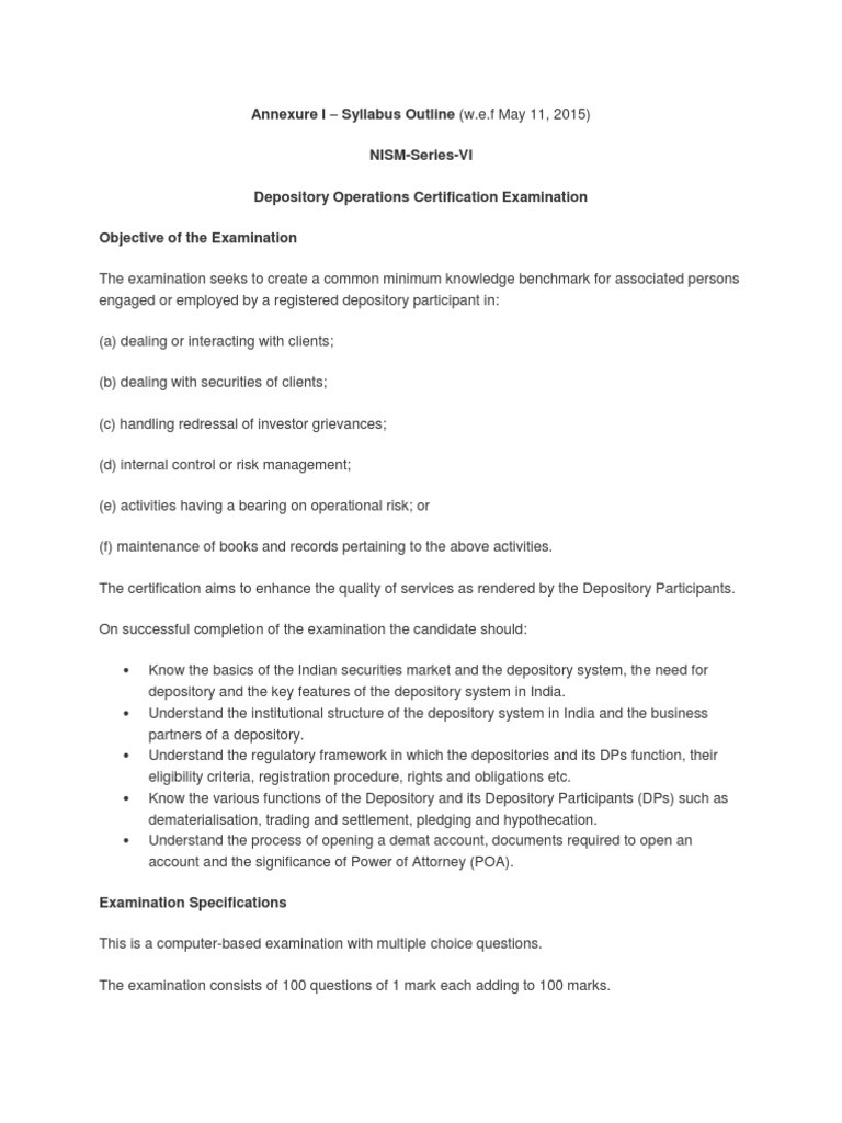 Annexure I - Syllabus Outline (W.e.f May 11, 2015) NISM-Series-VI Depository Operations ...