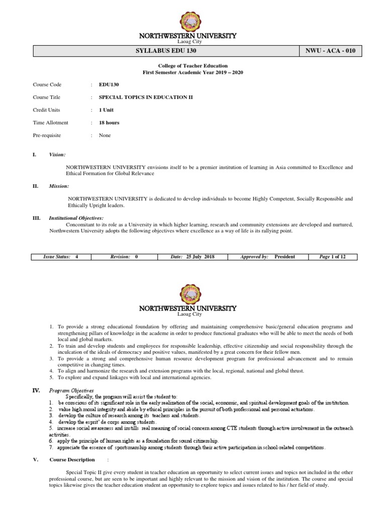 EDU 130 Syllabus for Special Topics in Education II | PDF | Rubric ...