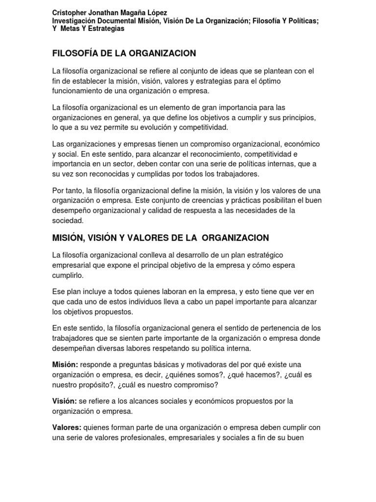 Misión, Visión de La Organización Filosofía y Políticas y Metas y ...