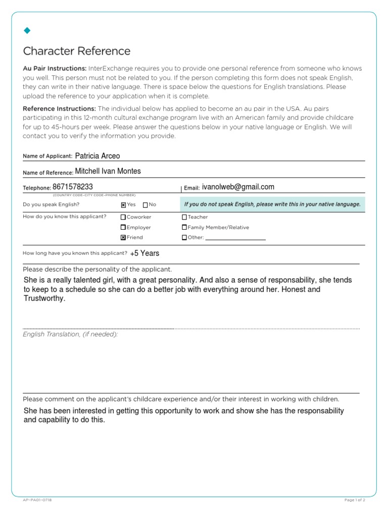 Character Reference: Patricia Arceo Mitchell Ivan Montes 8671578233 ...