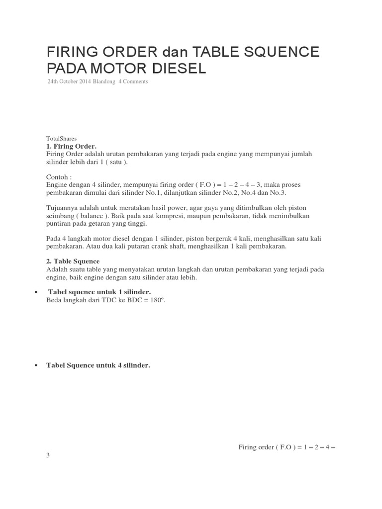 FIRING ORDER Dan TABLE SQUENCE PADA MOTOR DIESEL | PDF