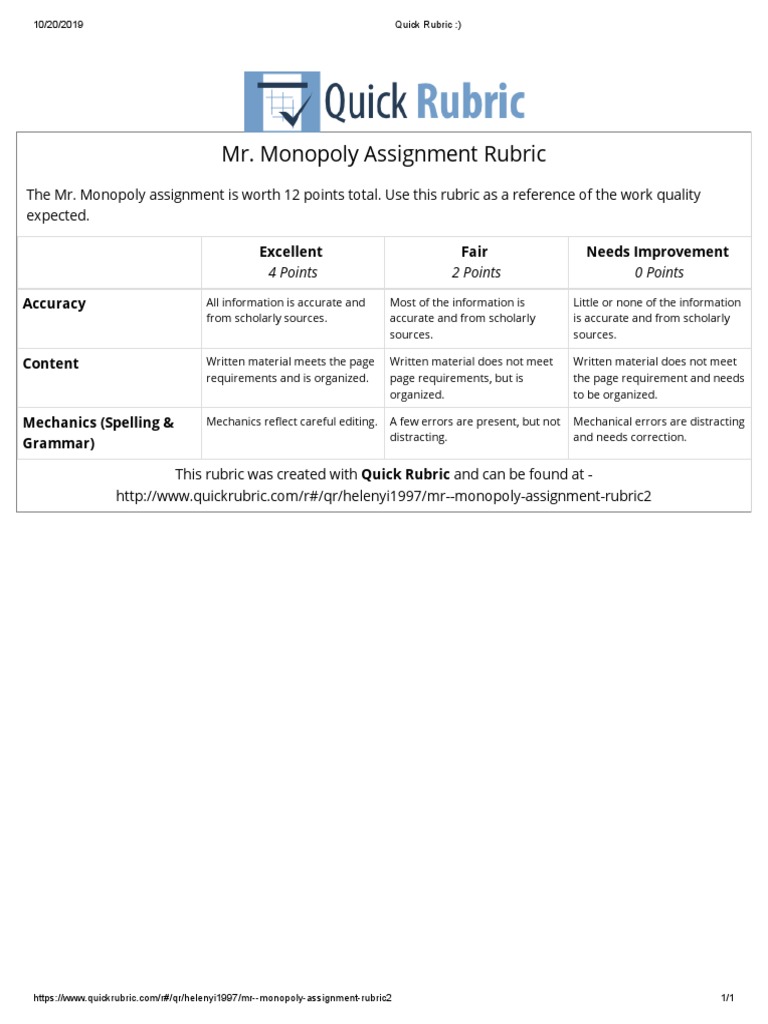 Quick Rubric Pdf
