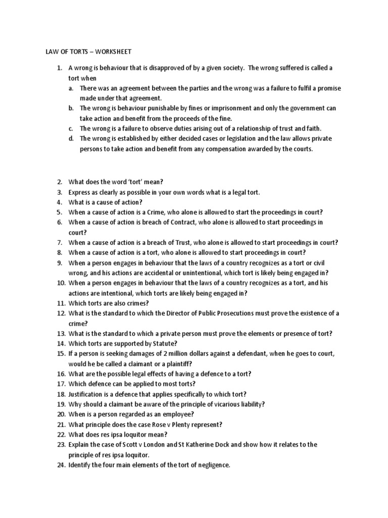 Law of Torts Worksheet Explained | PDF | Tort | Causation (Law)