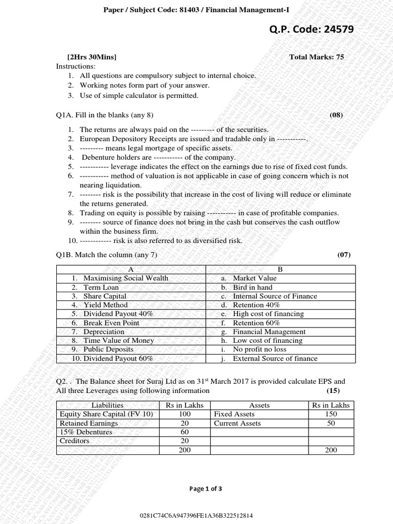 Financial Management Question Paper 2018 Sem1 | PDF | Corporations ...