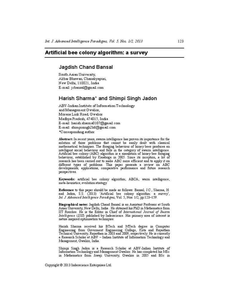 Artificial Bee Colony Algorithm: A Survey: Jagdish Chand Bansal | PDF ...