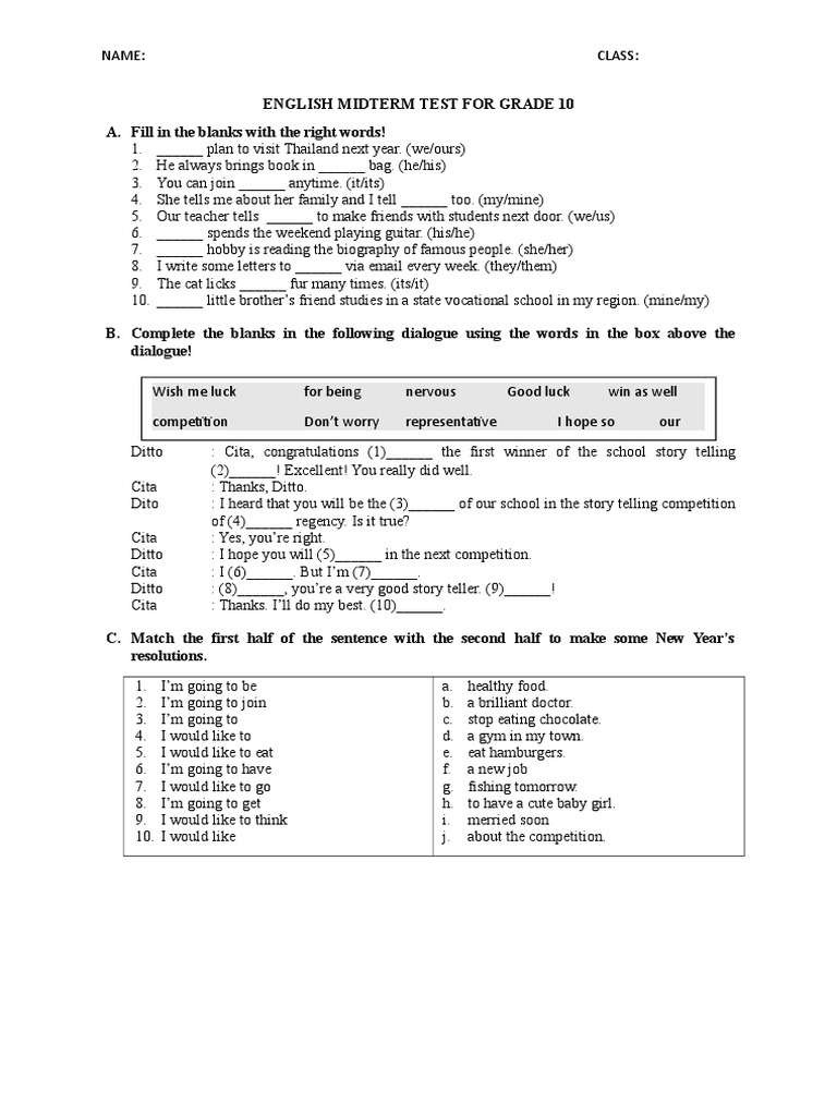 English Midterm Test For Grade 10 | PDF