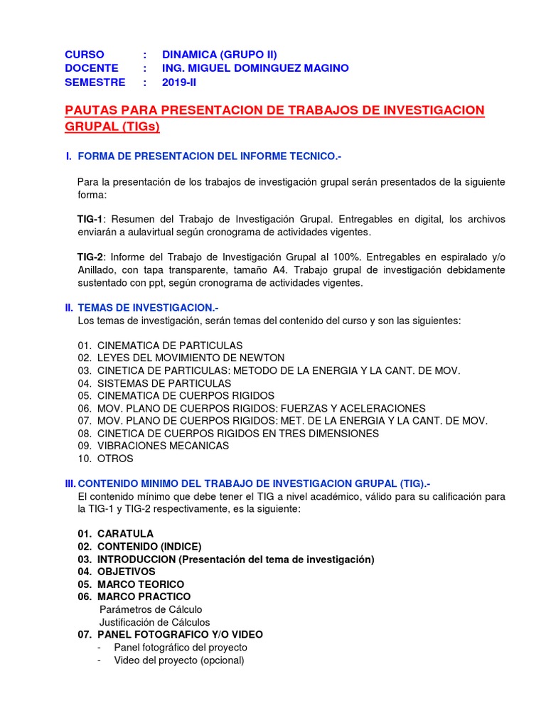 Pautas para Presentacion de Trabajos de Investigacion Grupal (Tigs) | PDF | Cinemática | Naturaleza