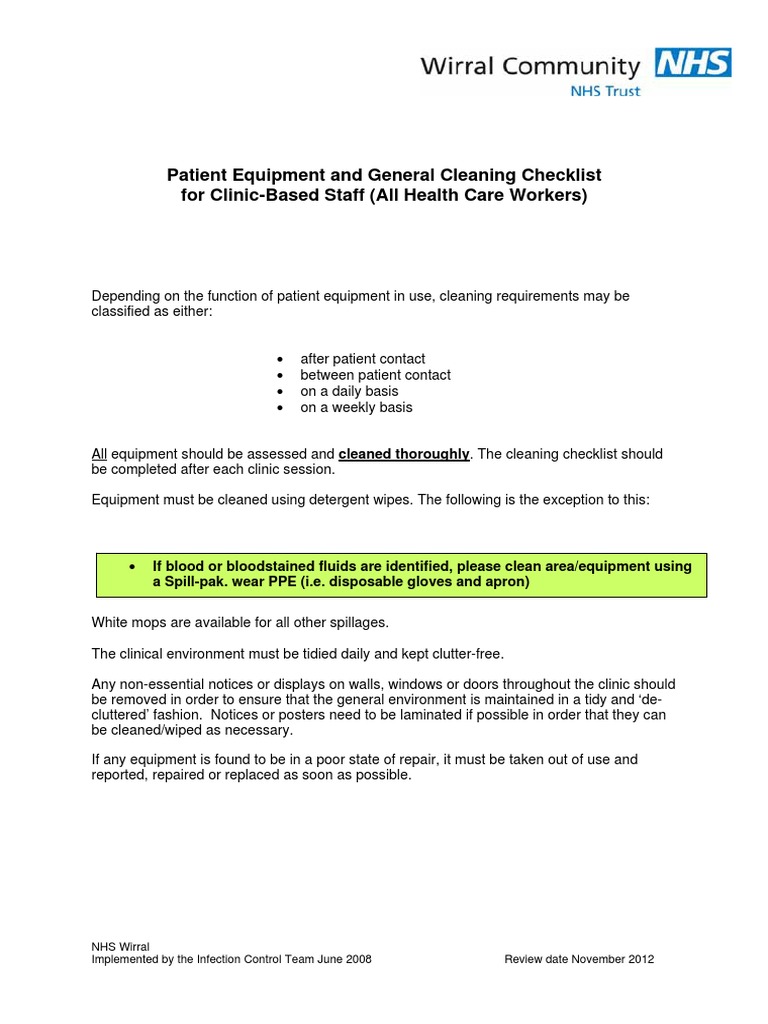 Patient Equipment and General Cleaning Checklist | PDF | Infection ...