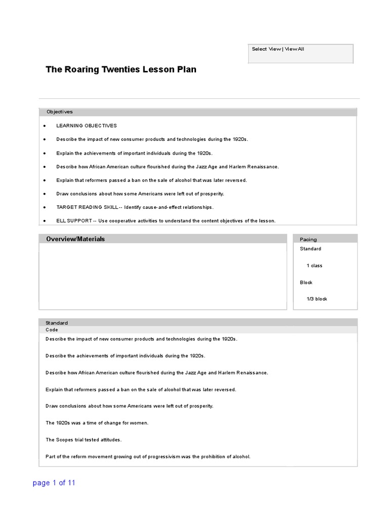 The Roaring Twenties Lesson Plan | PDF | Immigration | Vocabulary