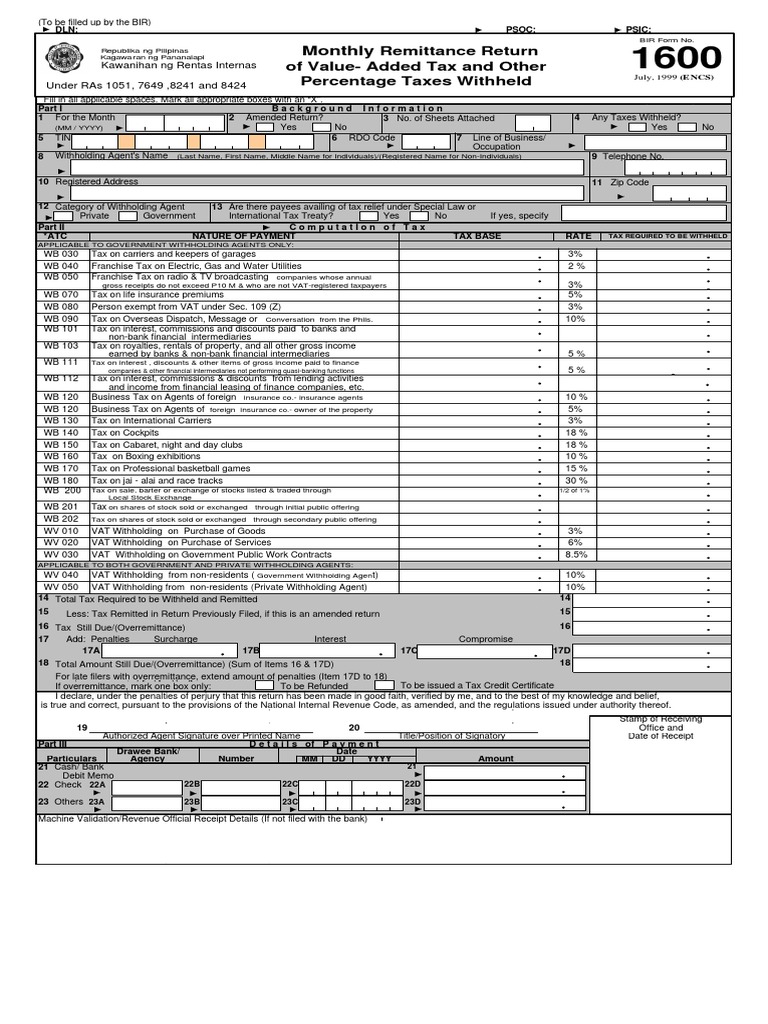 Bir Form 1600 | Download Free PDF | Withholding Tax | Value Added Tax