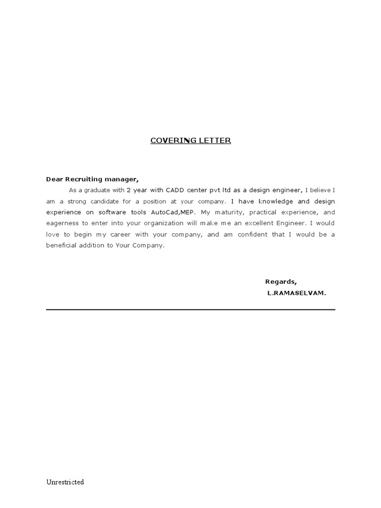 Covering Letter: Dear Recruiting Manager | PDF | Computer Aided Design ...