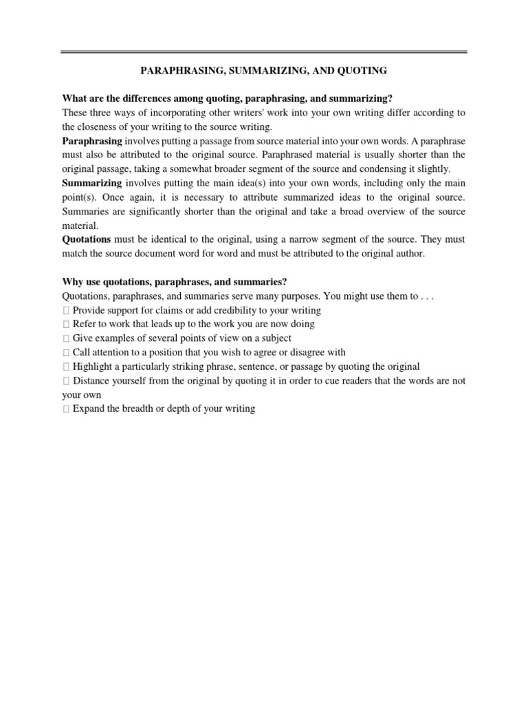Differences in Quoting, Paraphrasing, Summarizing | PDF | Video ...