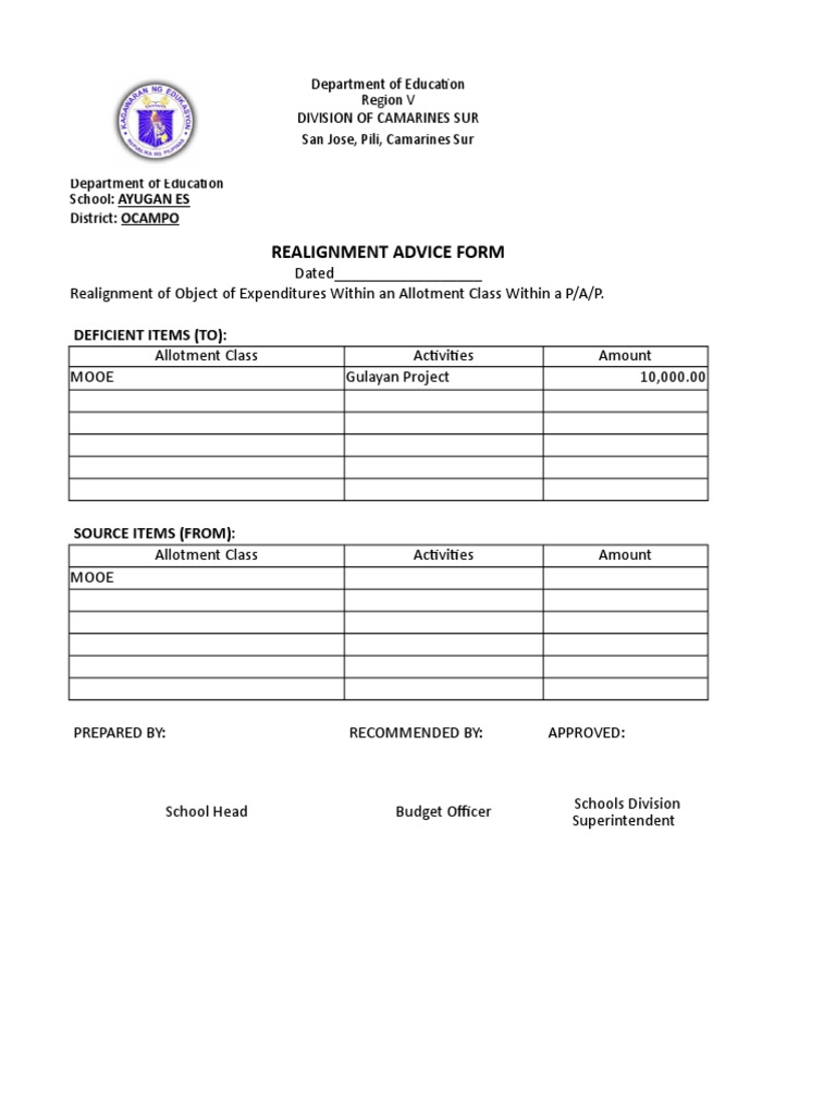 Realignment Advice Form: Deficient Items (To) | PDF | Business