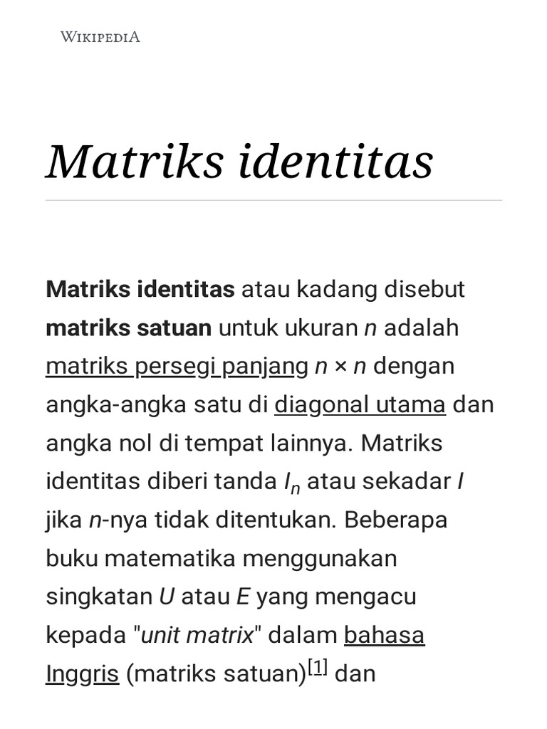 Matriks Identitas - Wikipedia Bahasa Indonesia, Ensiklopedia Bebas PDF ...