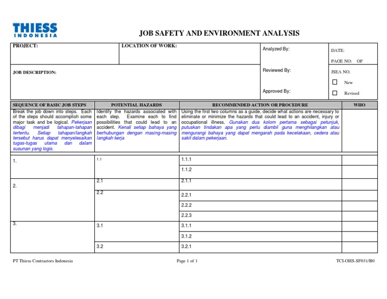 Job Safety and Environment Analysis: Project: Location of Work | PDF ...