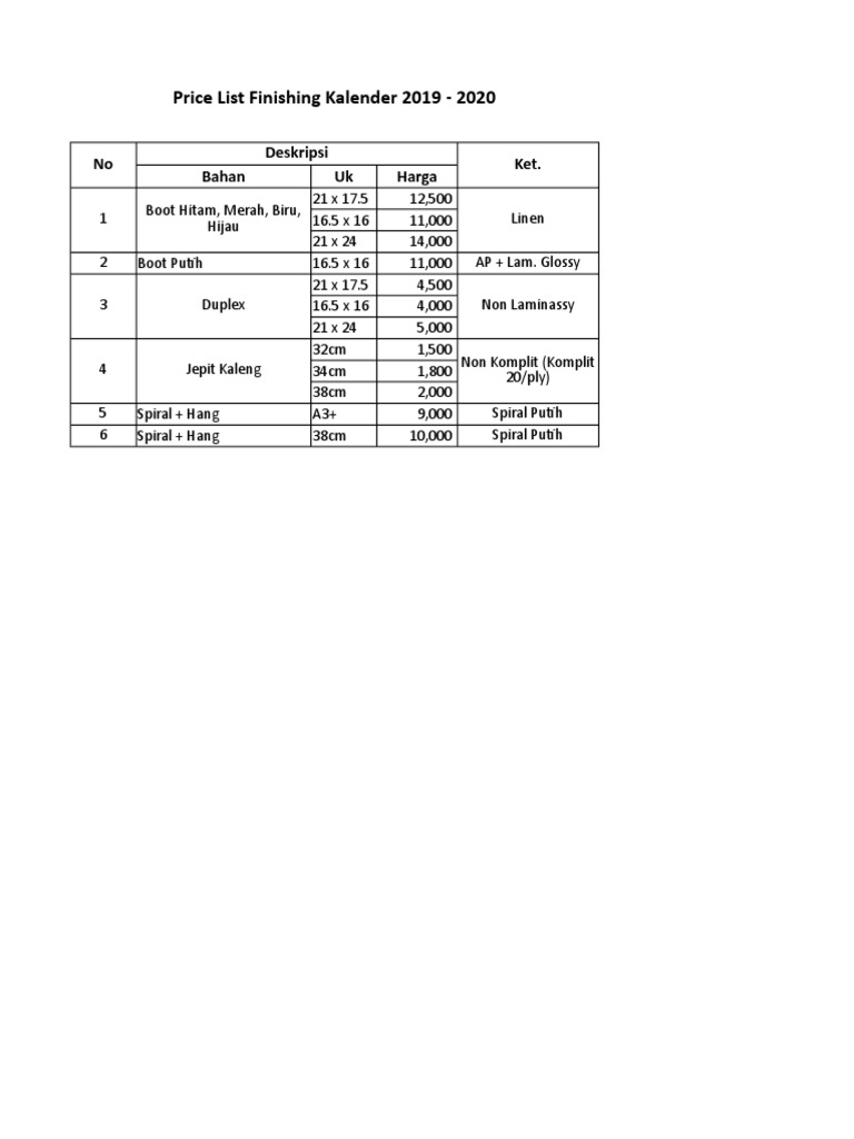 Price List Finishing Kalender 2019 - 2020: No Deskripsi Ket. Bahan Uk ...