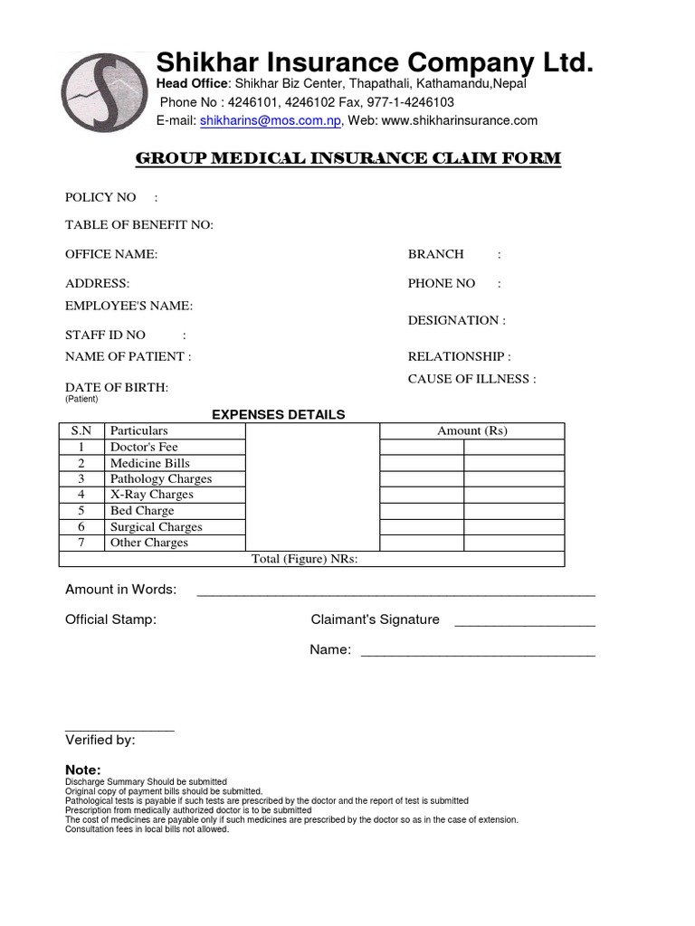Shikhar Insurance Company LTD.: Group Medical Insurance Claim Form | PDF