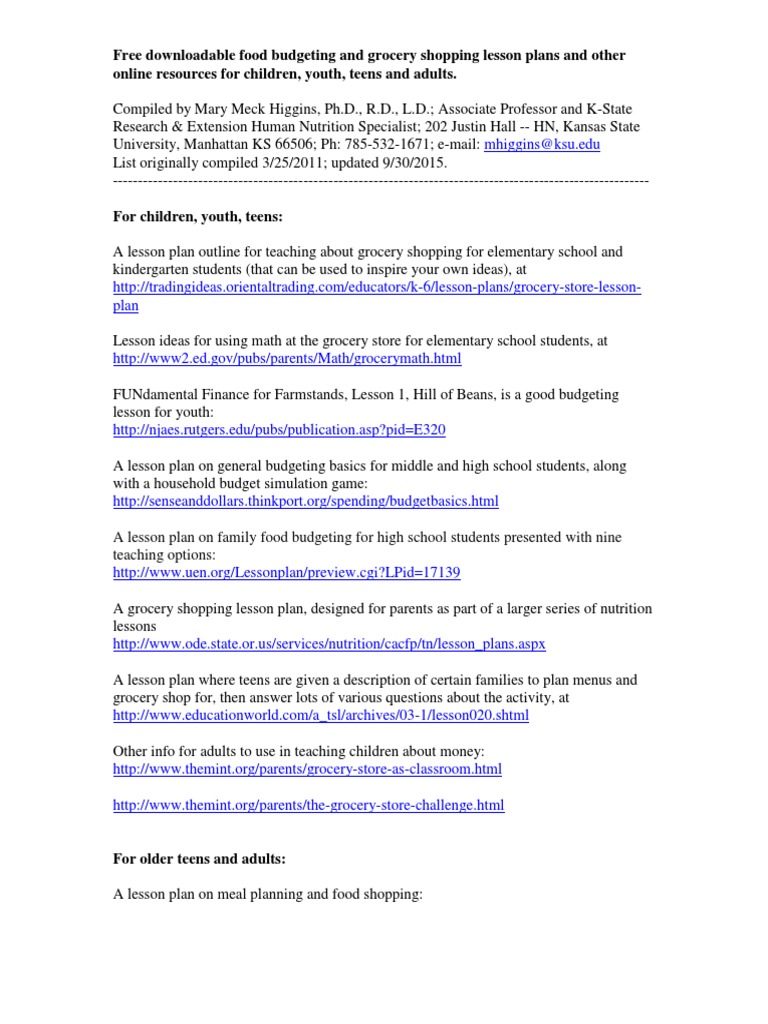 Food Budgeting Lesson Plans for Students | PDF | Foods | Food And Drink