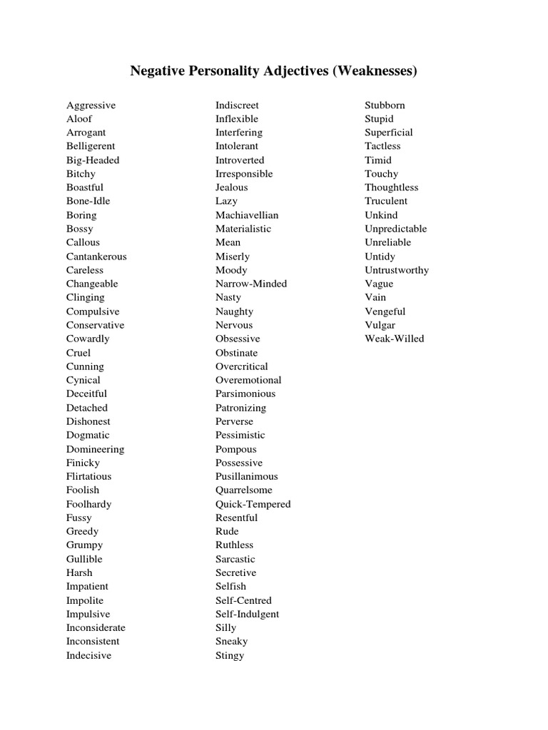 Negative Personality Adjectives | PDF