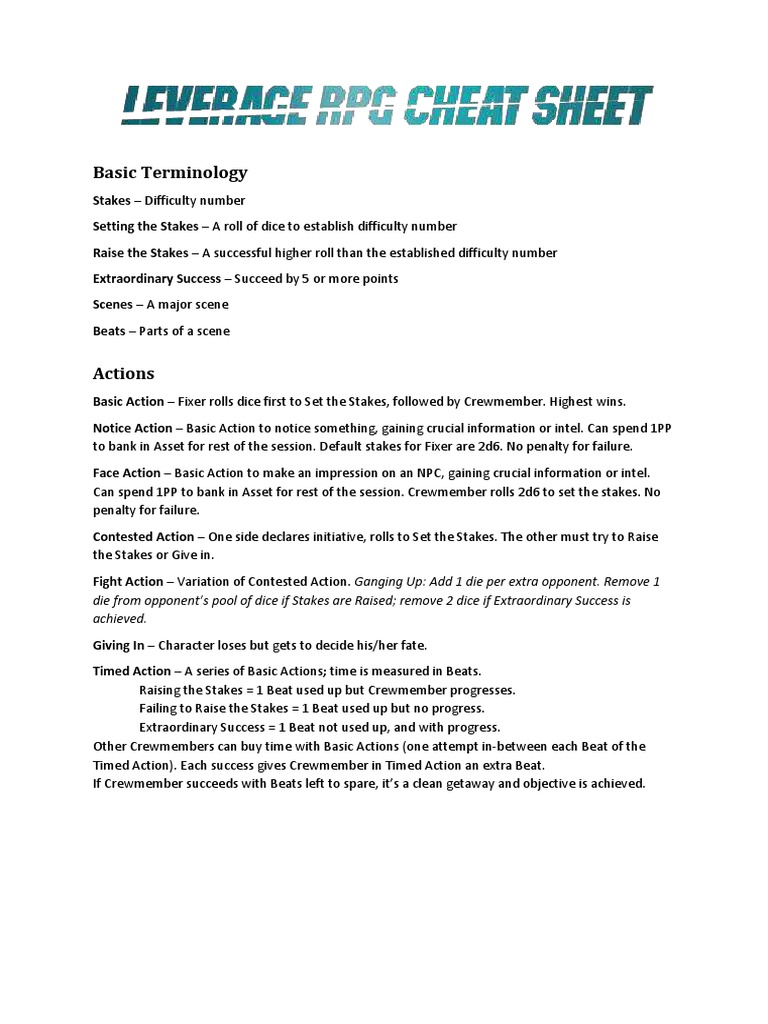 Leverage RPG Cheat Sheet | PDF | Gaming | Leisure Activities